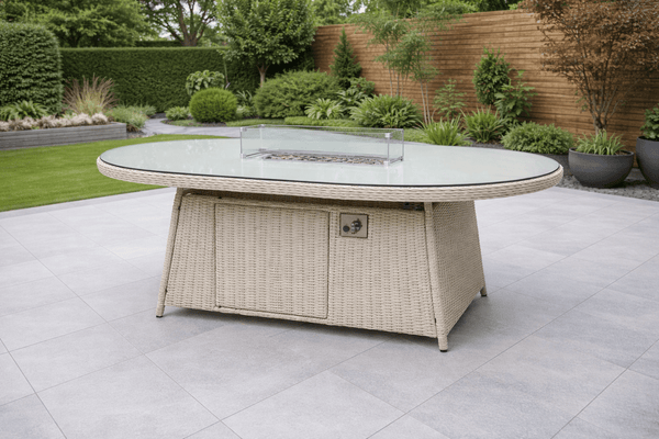 Antigua 8 Seat Oval Dining Set with Fire Pit - Pre-order due 16th June