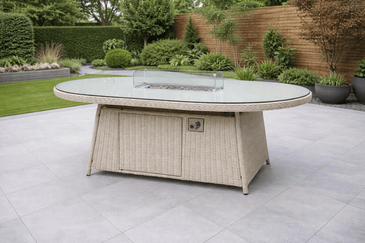 Antigua 8 Seat Oval Dining Set with Fire Pit - Pre-order due 16th June