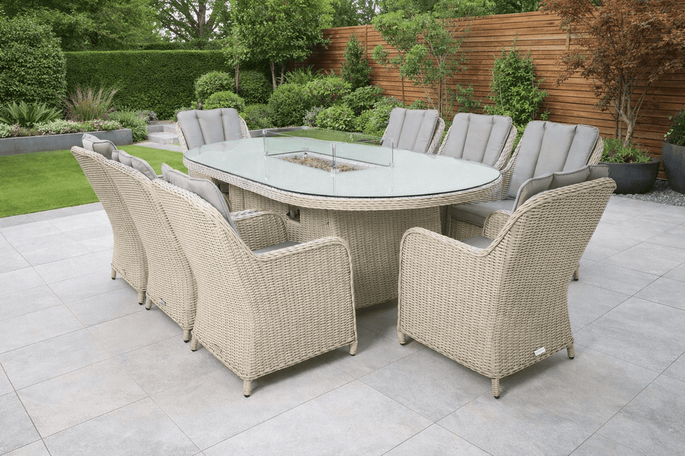 Antigua 8 Seat Oval Dining Set with Fire Pit - Pre-order due 16th June